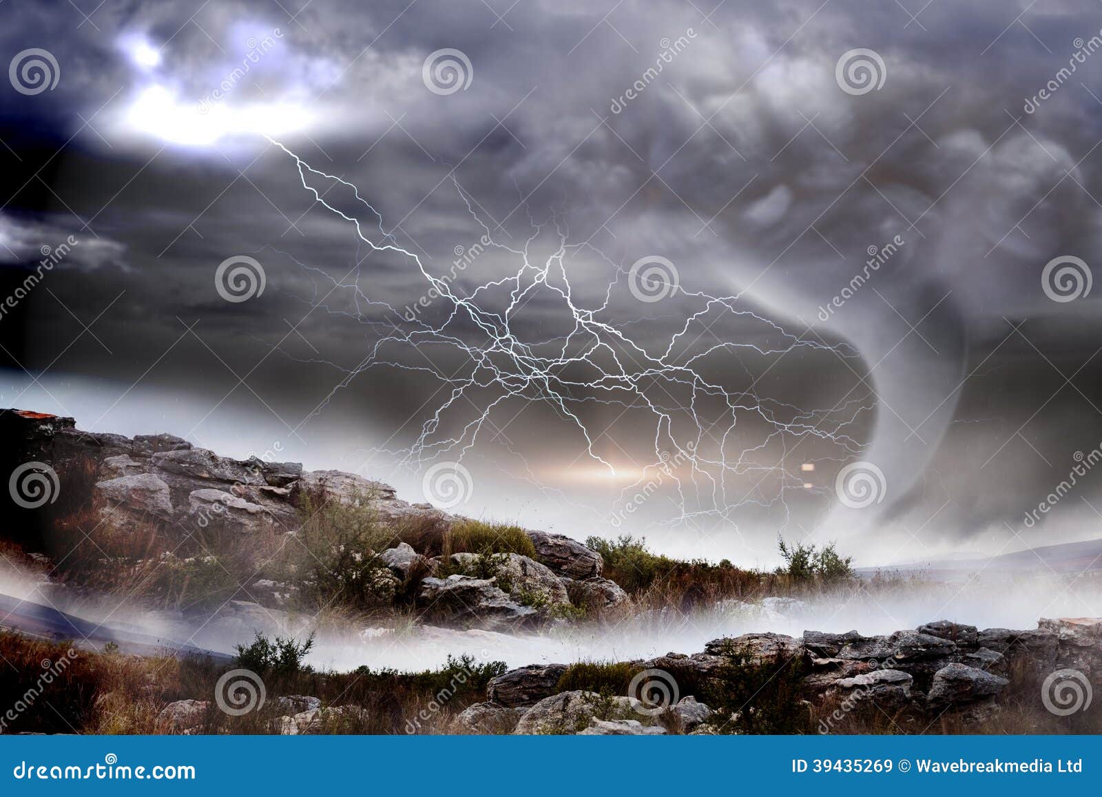 Stormy Sky with Tornado Over Landscape Stock Illustration ...
