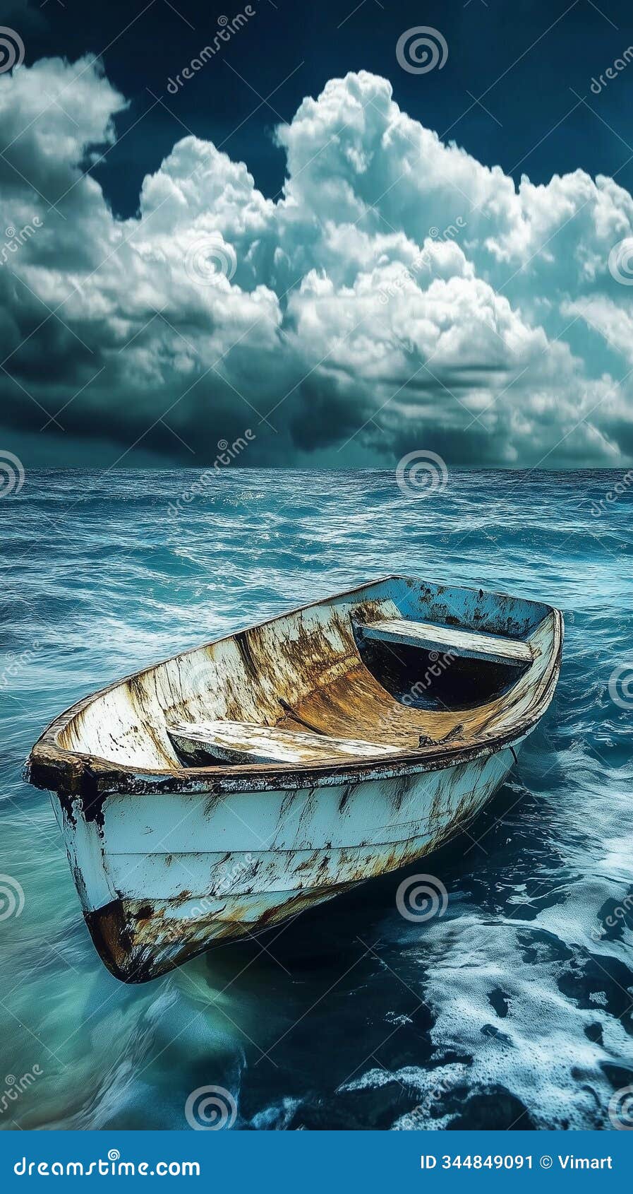 Stormy Water Surface at Sunset with a Sinking Broken Old Boat on the ...