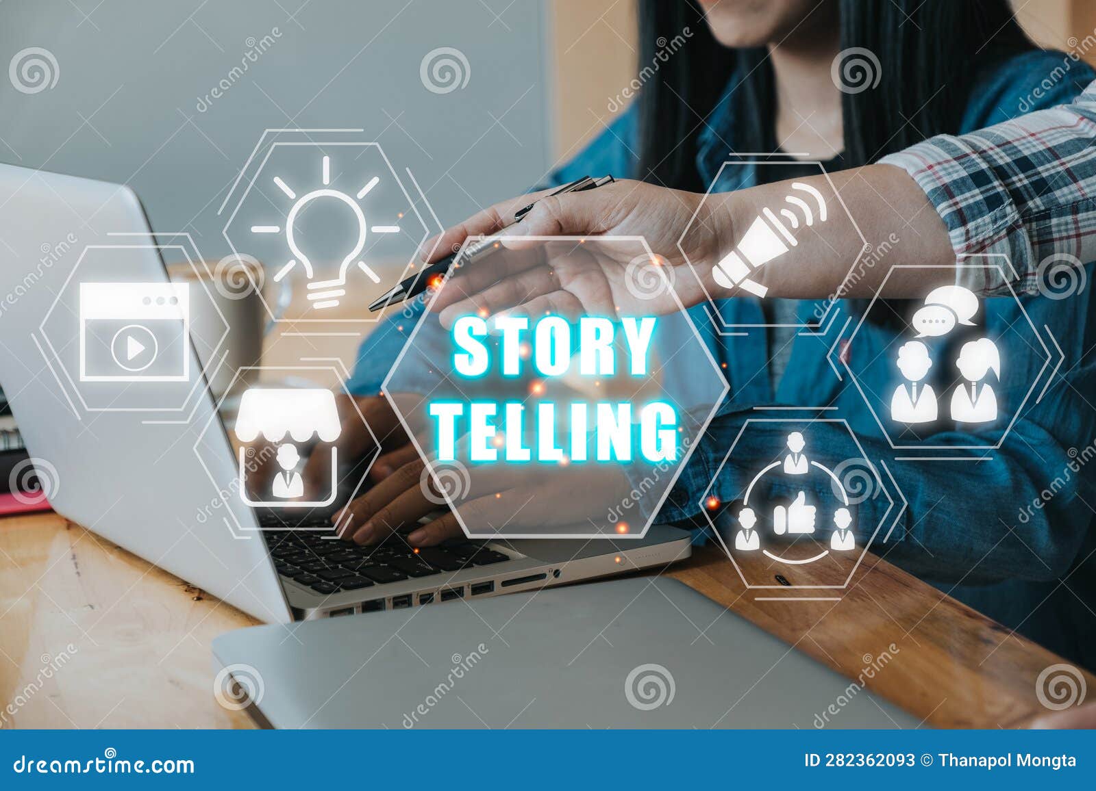 Business Team Working on Laptop Computer with Story Telling Icon on ...