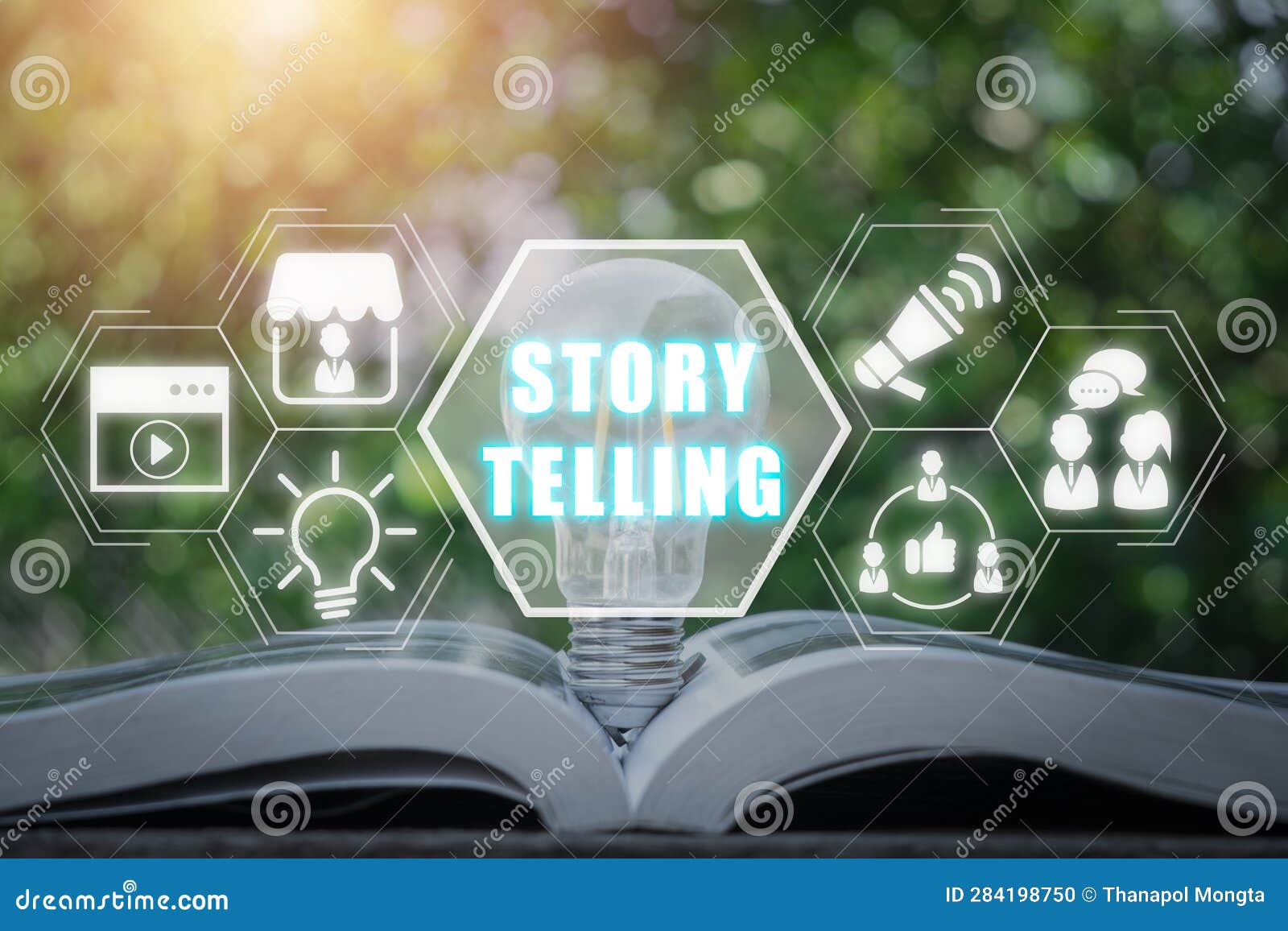 Light Bulb on Book with Story Telling Icon on Virtual Screen Stock ...