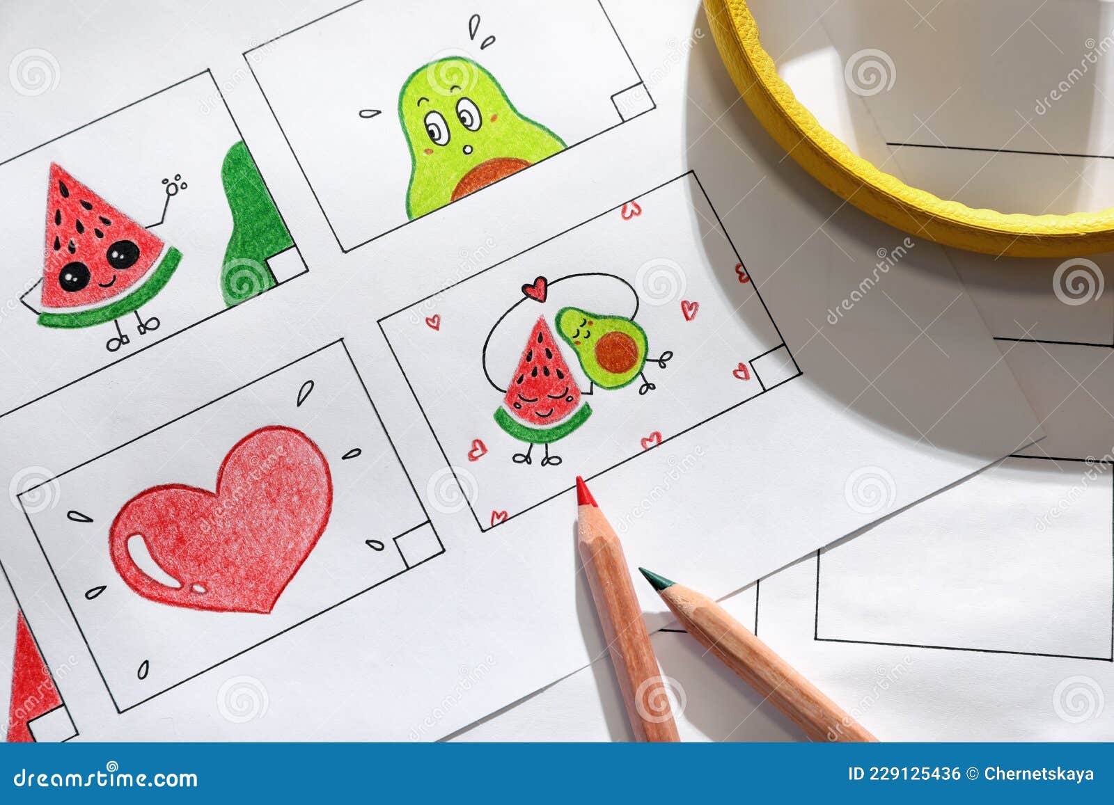 Storyboard with Cartoon Sketches at Workplace, Flat Lay. Pre-production ...