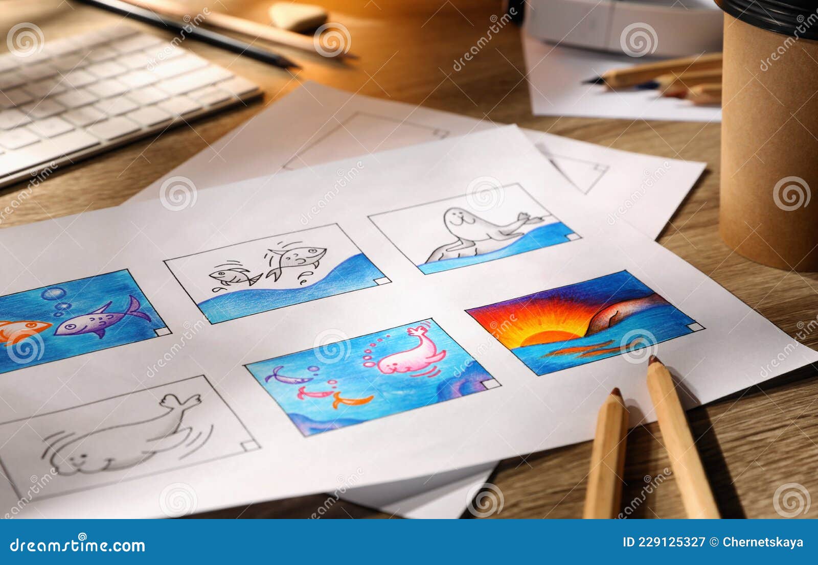 Storyboard With Cartoon Sketches. Pre-production Process Royalty-Free ...