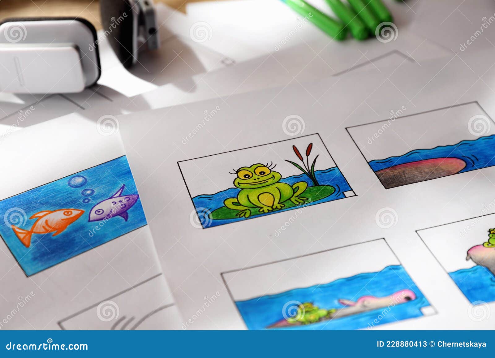 Storyboards with Cartoon Sketches at Workplace. Pre-production Process ...