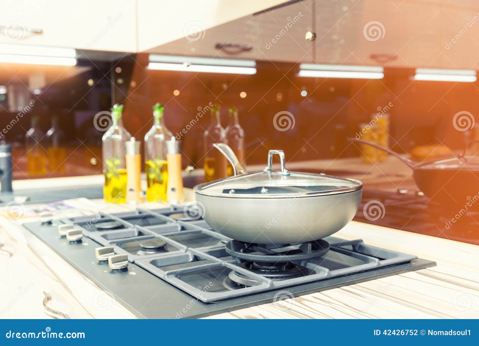Stove with Pan on the Plastic Modern Kitchen Stock Photo - Image of ...