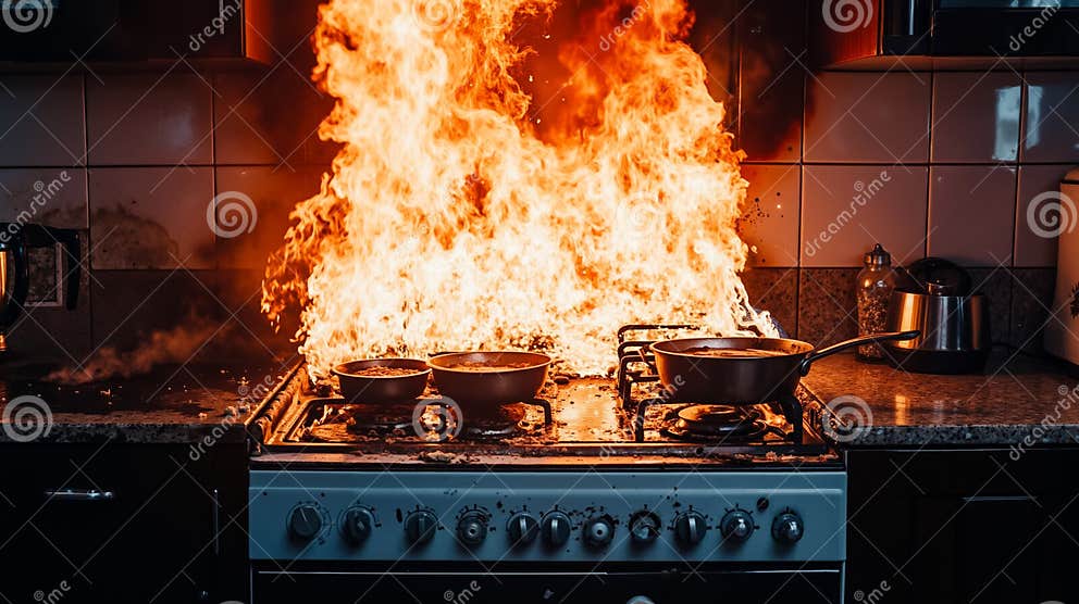 A Stove with Pots and Pans on it on Fire in a Kitchen Stock Image ...