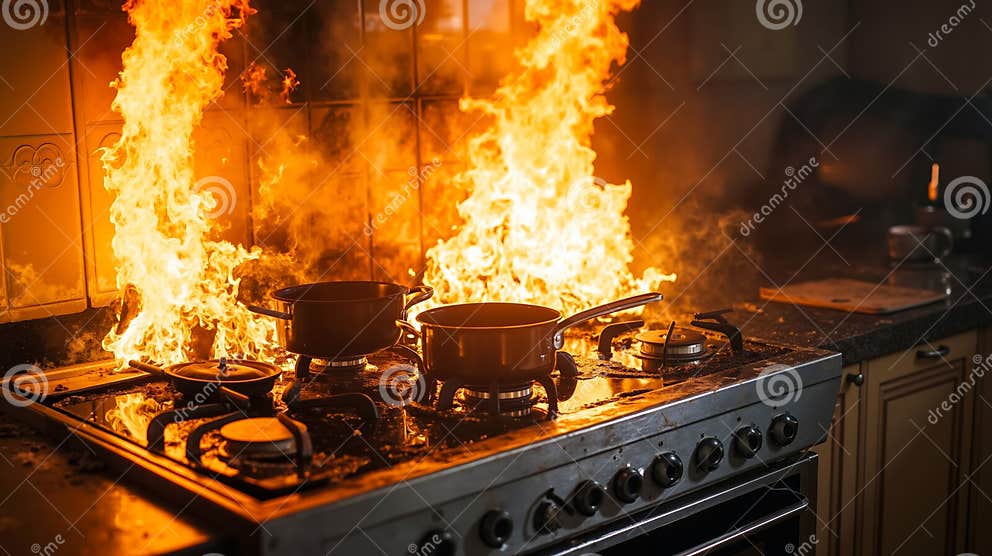 A Stove with Pots and Pans on it on Fire in a Kitchen Stock Image ...