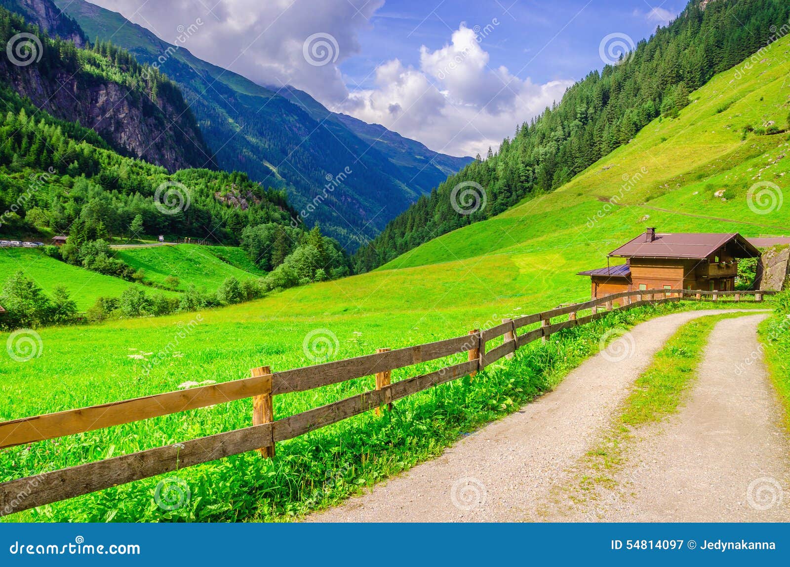 Strada Campestre Che Conduce Alle Case Alpine, Austria Immagine Stock ...