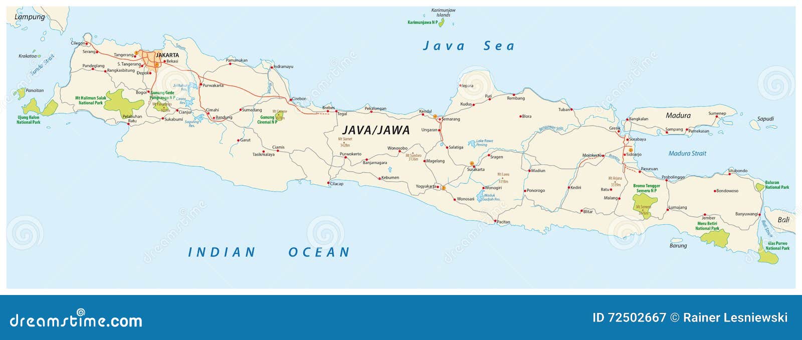 Strada Di Java E Mappa Del Parco Nazionale, Indonesia Illustrazione di ...