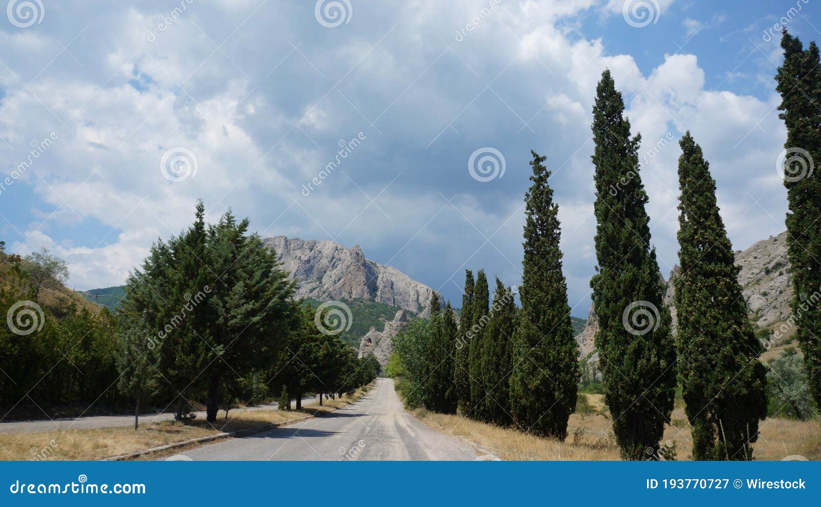 Straight Road with Trees on the Side and a Mountain on the Background ...