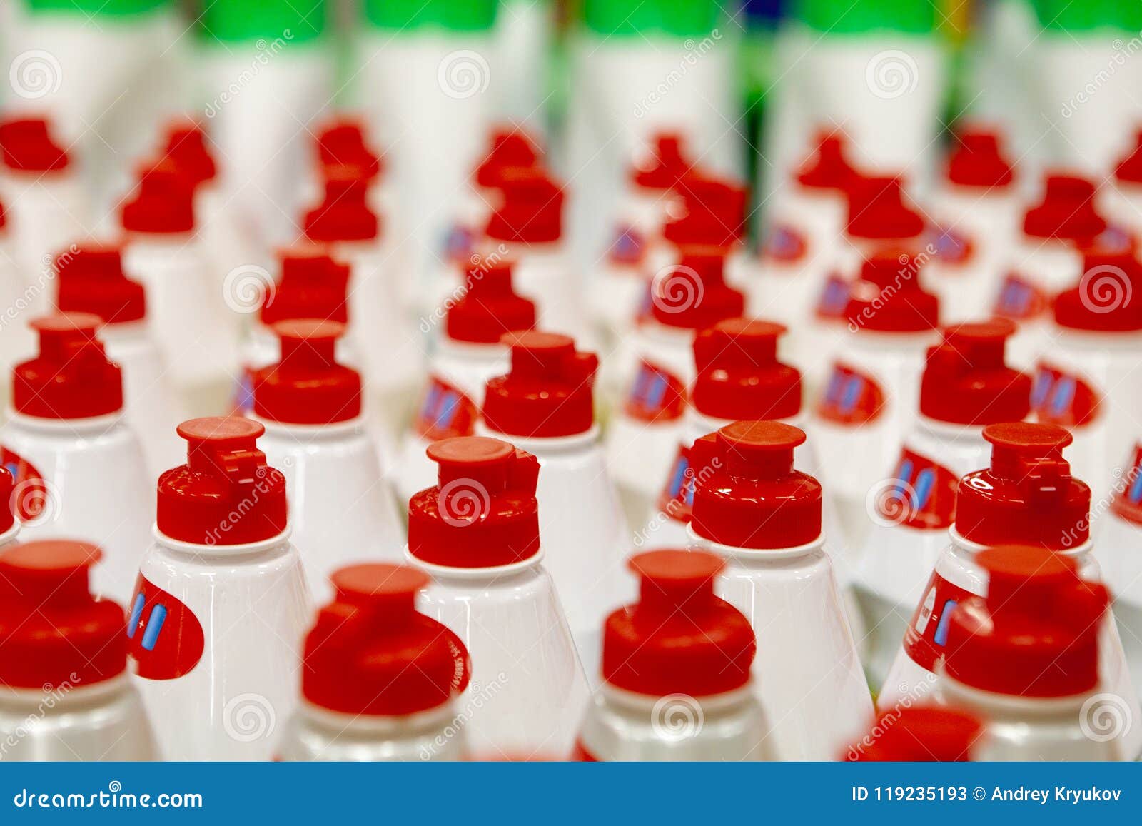 Straight Rows of Bright Red Corks on Bottles. Stock Image - Image of ...