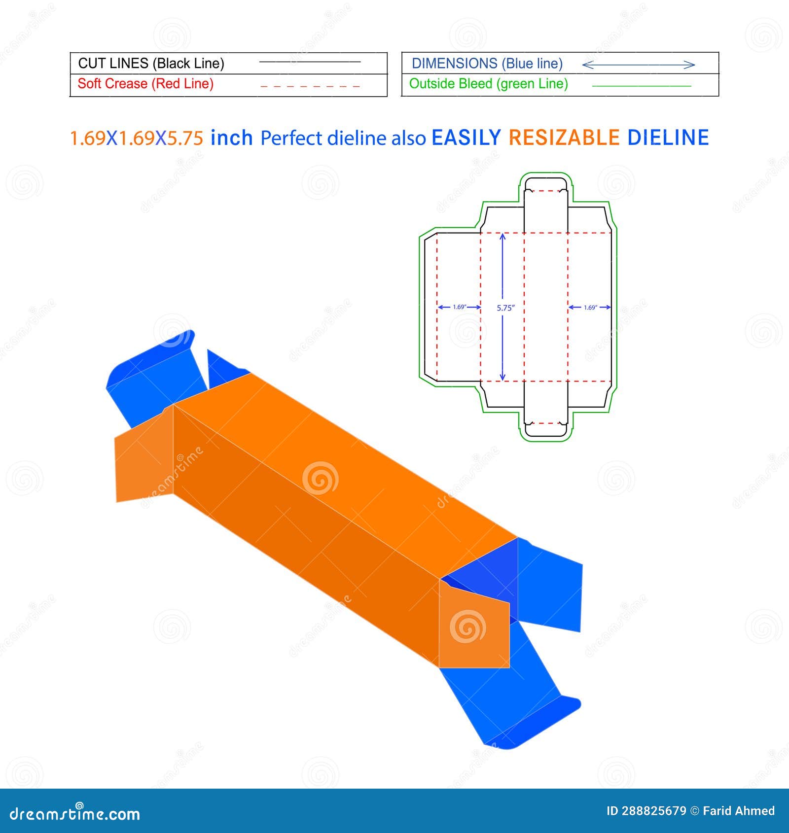 Straight Tuck End Boxes 1.69X1.69X5.75 Inch Dieline Template And 3D ...