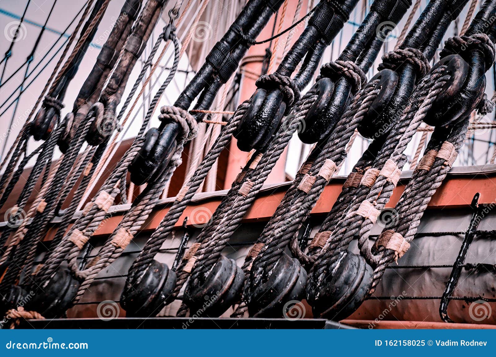 Strained Ropes and Blocks of Rigging of a Classic Sailing Ship. Stock ...
