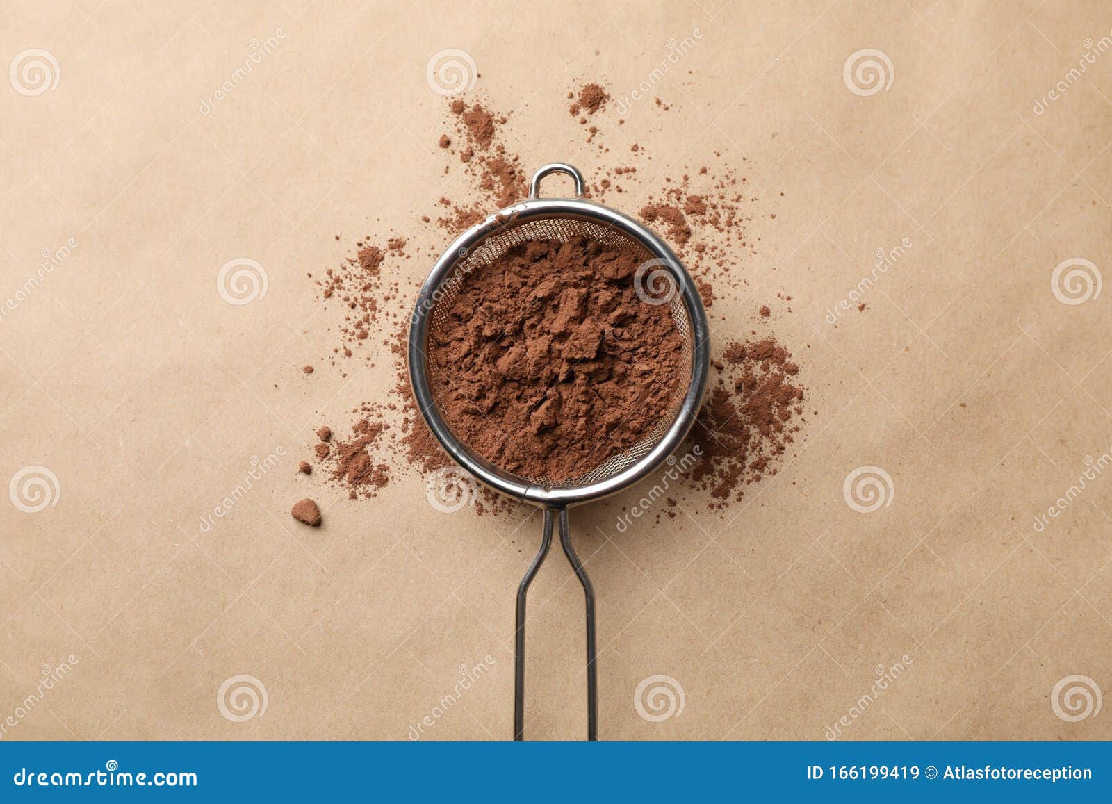 Strainer with Cocoa Powder on Background, Top View Stock Image - Image ...