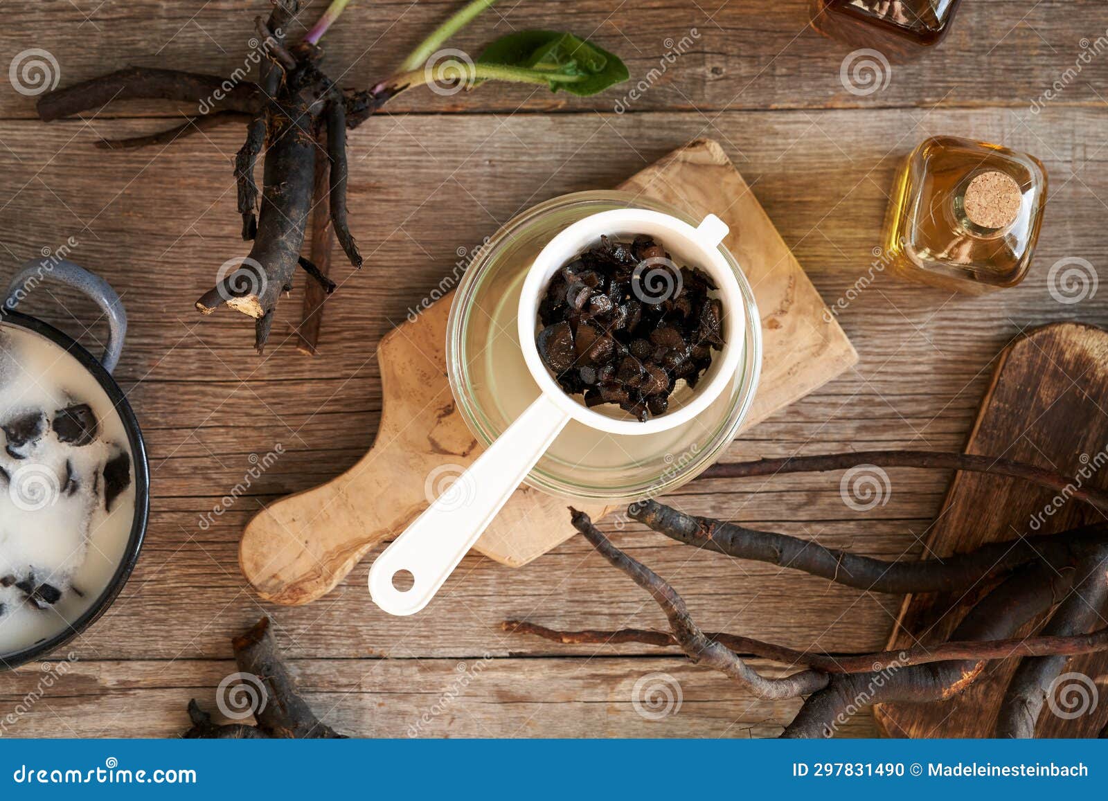 Straining Homemade Comfrey Root Ointment through a White Sieve, Top ...