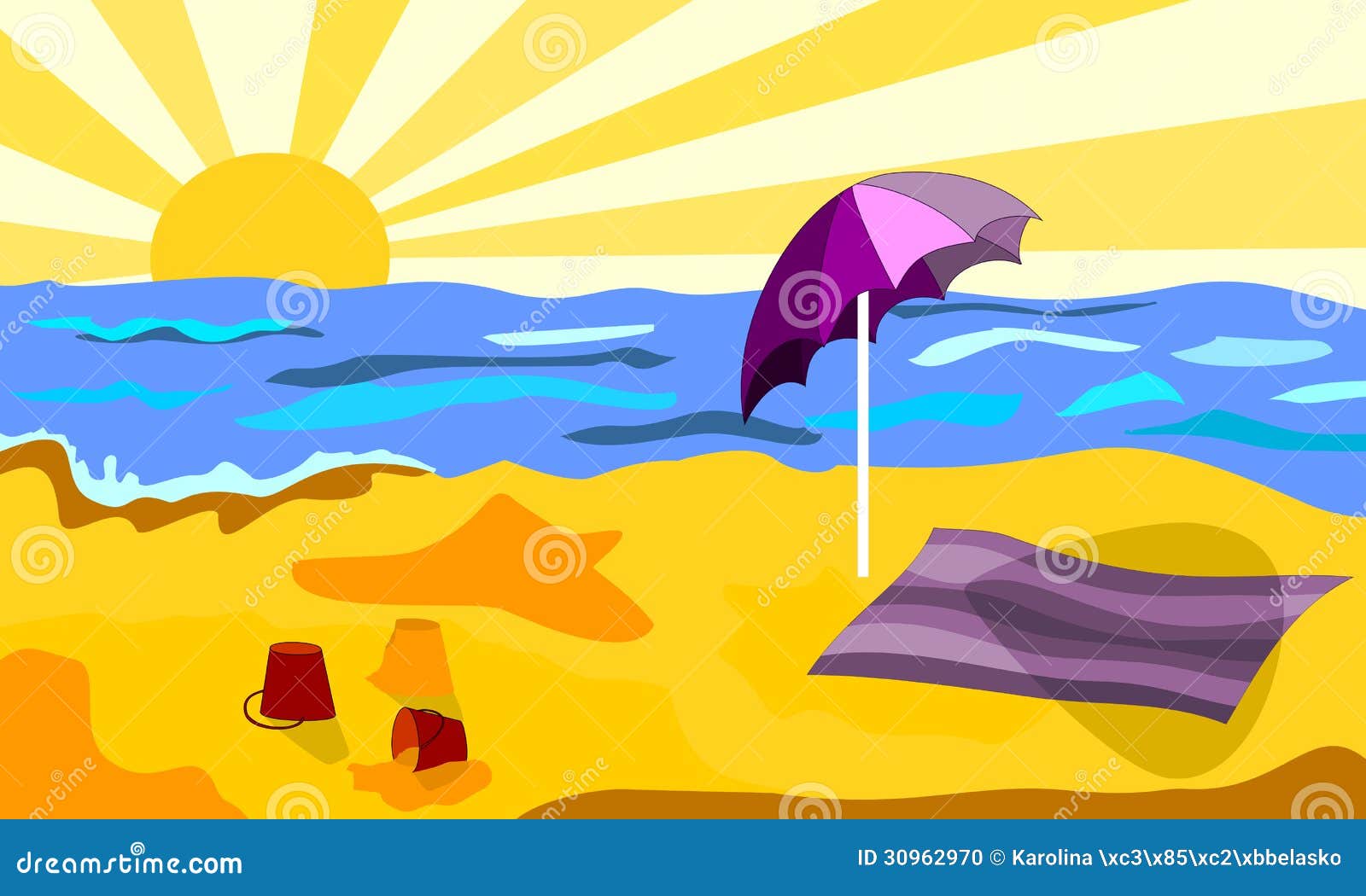 Strand in een zonnige dag vector illustratie. Illustration of vakantie ...