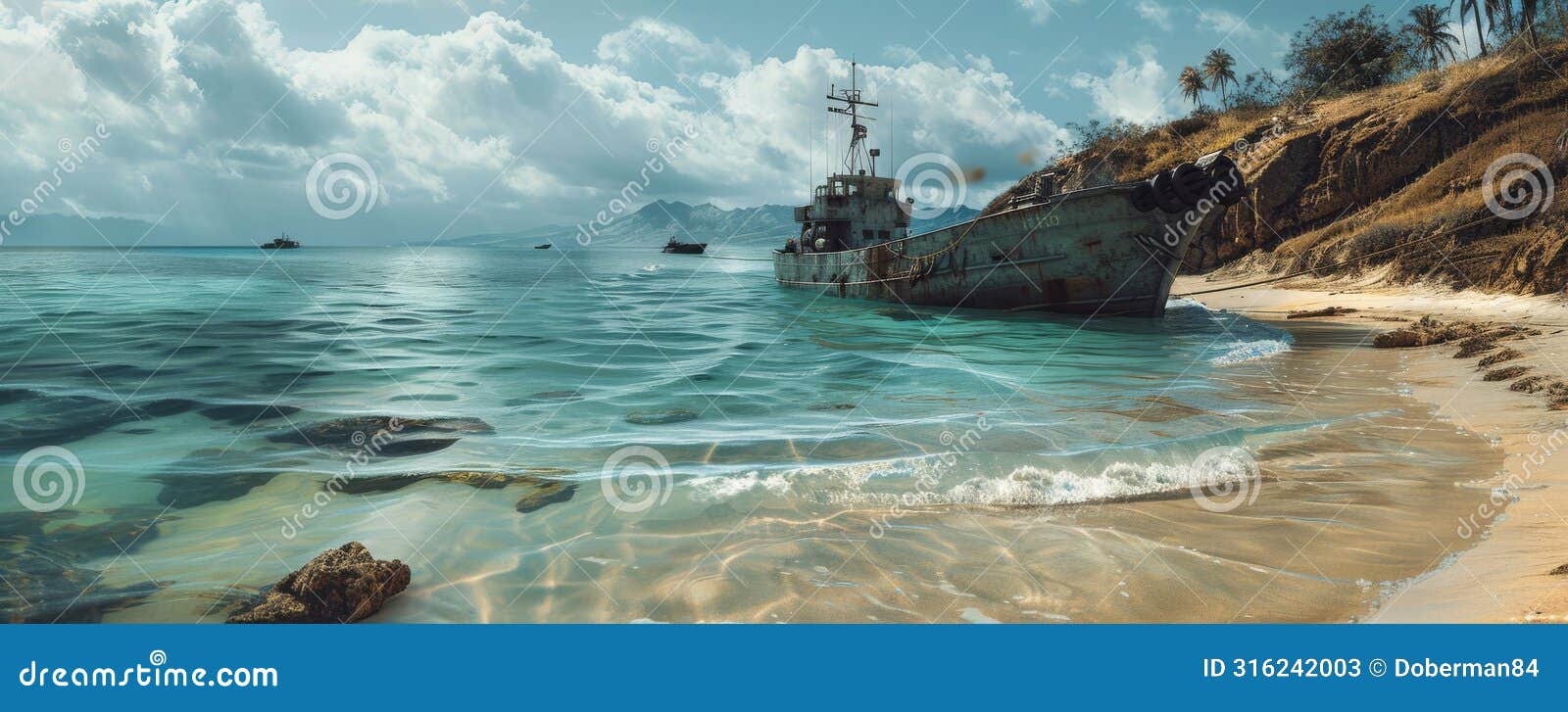 Stranded Military Ship on a Tropical Beach Under a Cloudy Sky Stock ...
