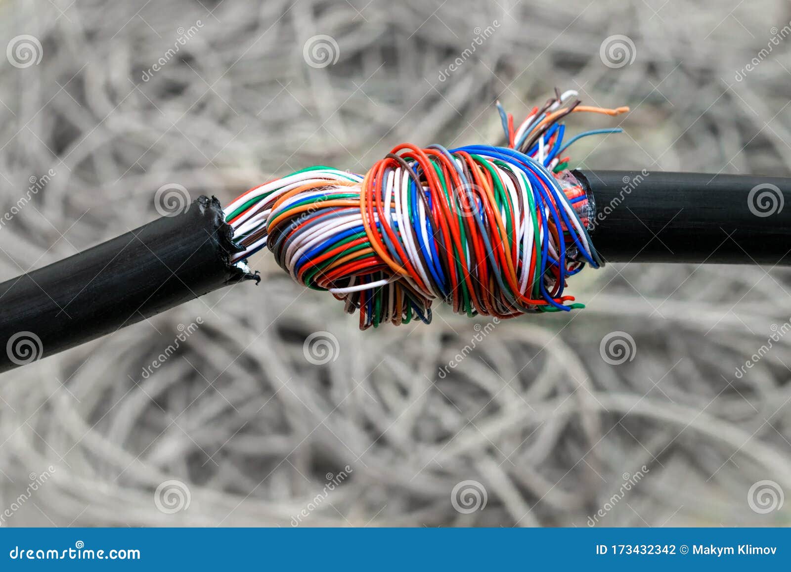 Stranded Telecommunications Cable is Twisted into a Knot. the Damaged ...