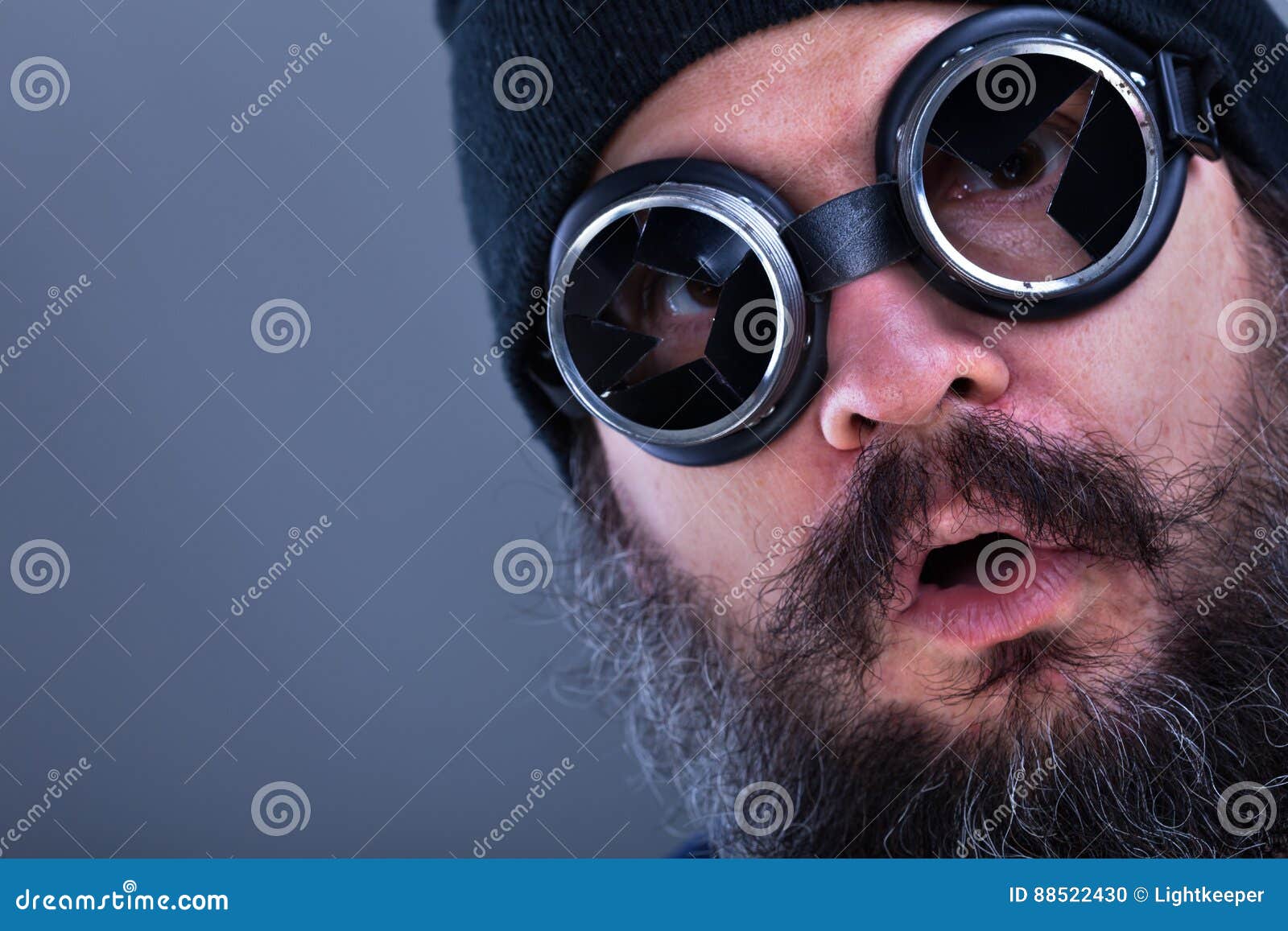 Strange Beard Man Viewing Explosive Situation or Offer - Closeup Stock ...