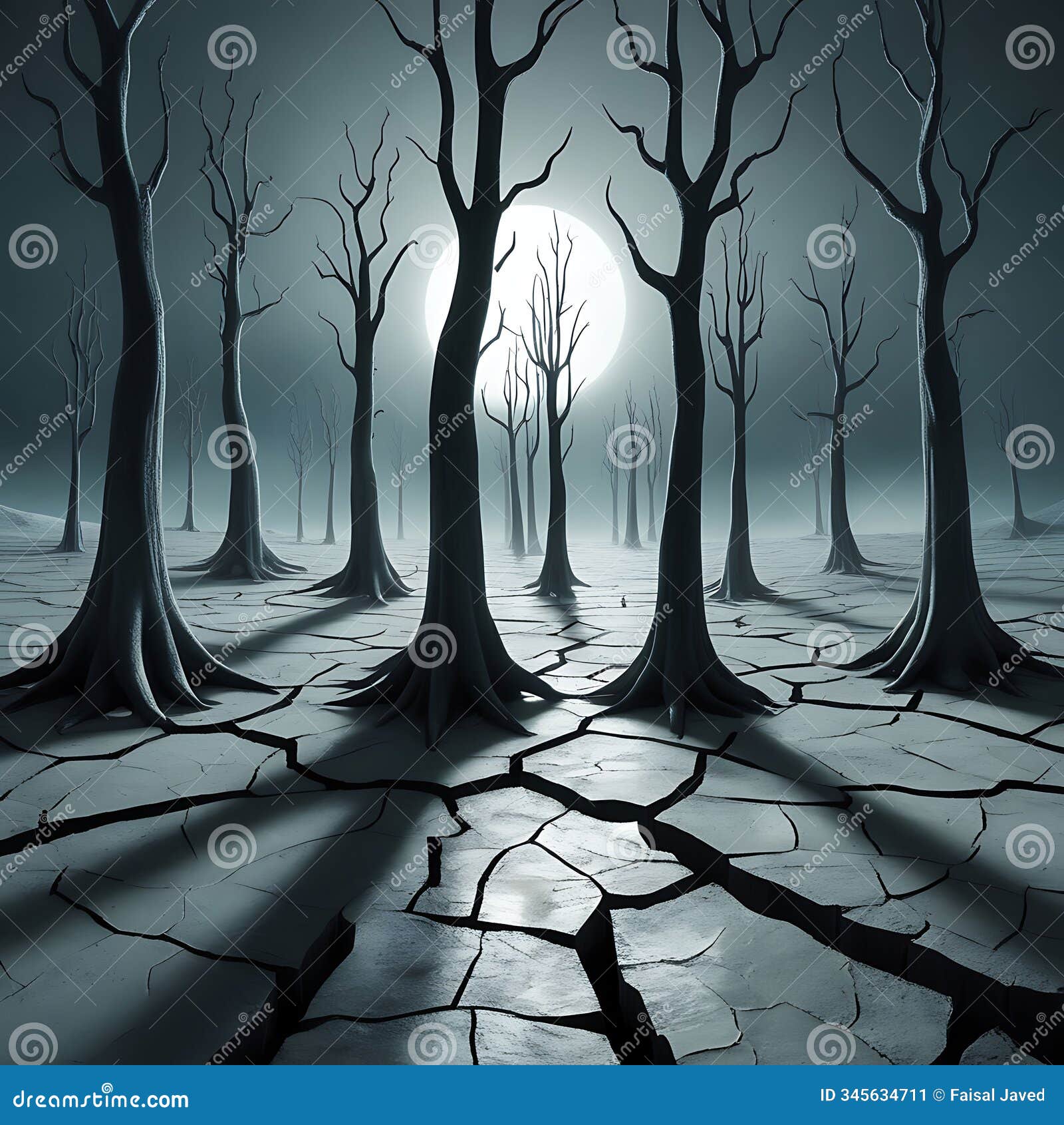 A Surreal, Cracked Landscape with Distorted Trees and Alien-Shaped ...