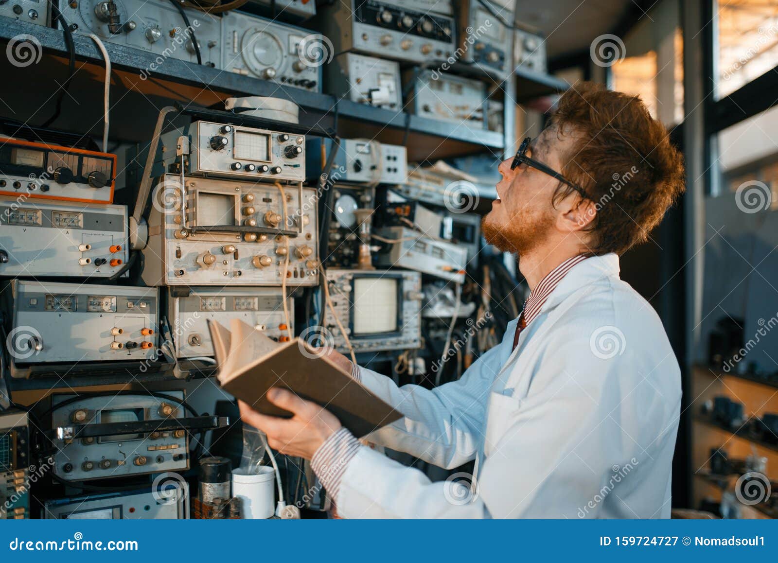Strange Engineer with Book, Test in Laboratory Stock Image - Image of ...