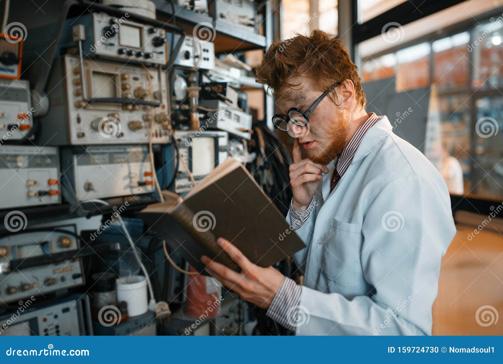 Strange Engineer with Book, Test in Laboratory Stock Photo - Image of ...
