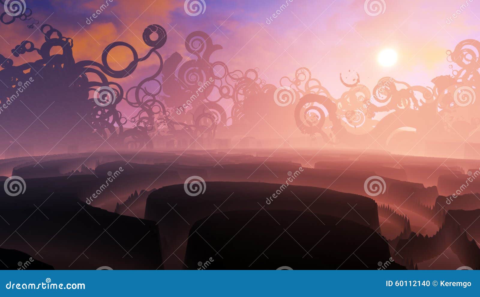 Strange Fantasy Landscape Sunset Stock Illustration - Illustration of ...