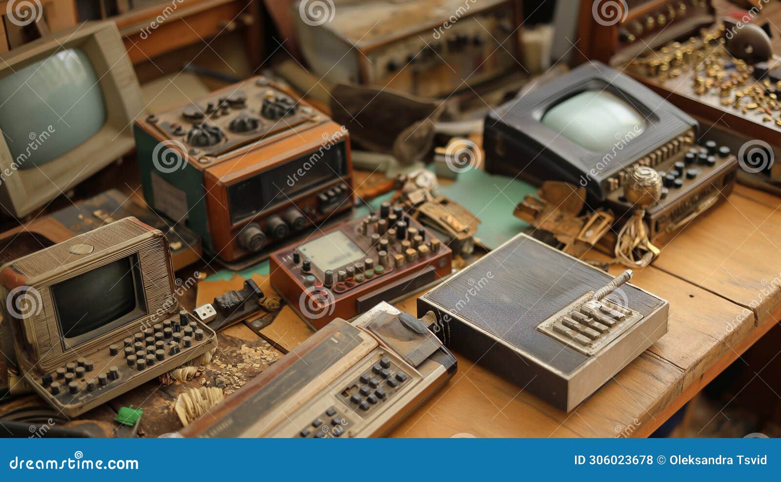 Strange Old Used Things Placed on Wooden Desk Stock Photo - Image of ...