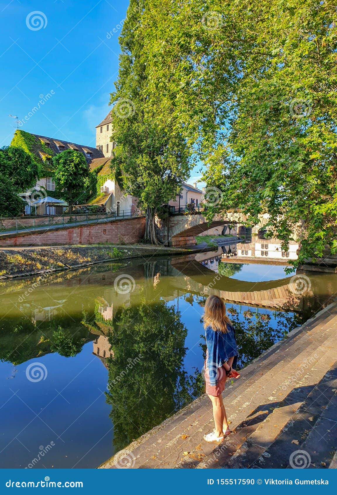 Strasbourg France June 2019 A Girl Standing On The River Bank Near