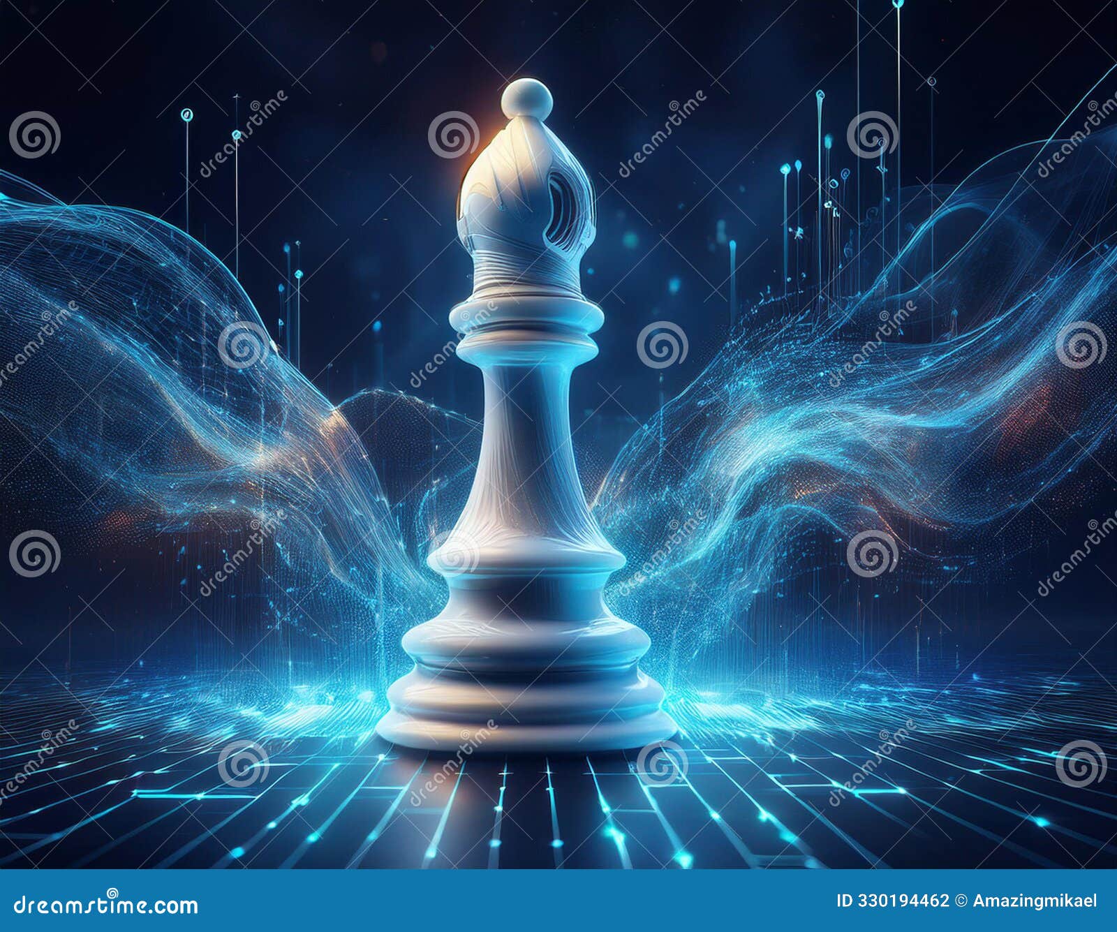 Strategic White Chess Bishop with Flowing Data Particles on Cloud ...