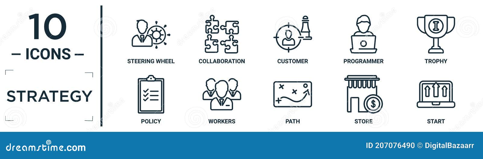 Strategy Linear Icon Set. Includes Thin Line Steering Wheel, Customer ...