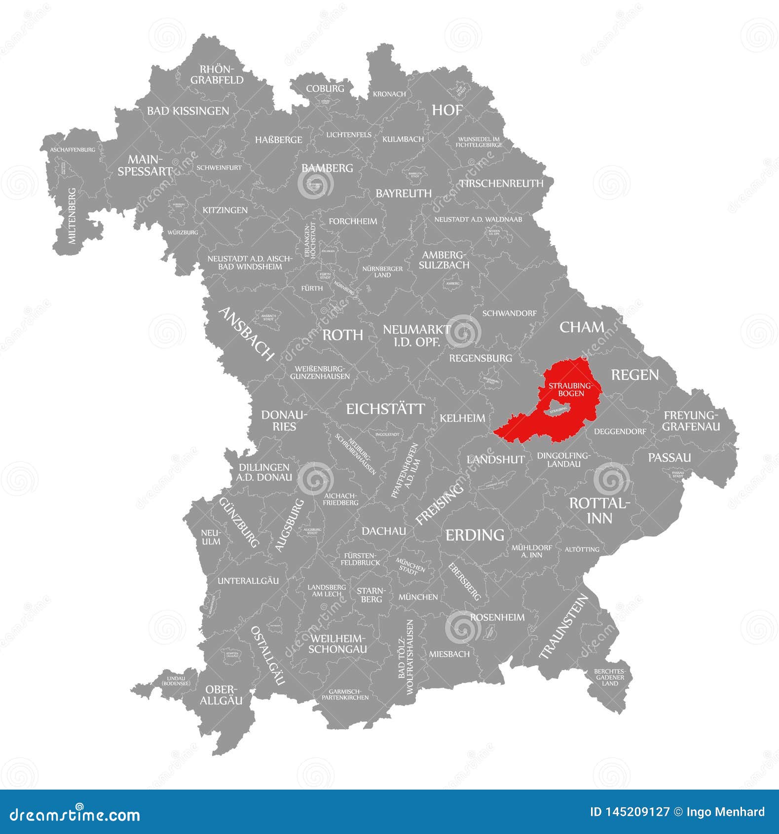Straubing-Bogen County Red Highlighted in Map of Bavaria Germany Stock ...