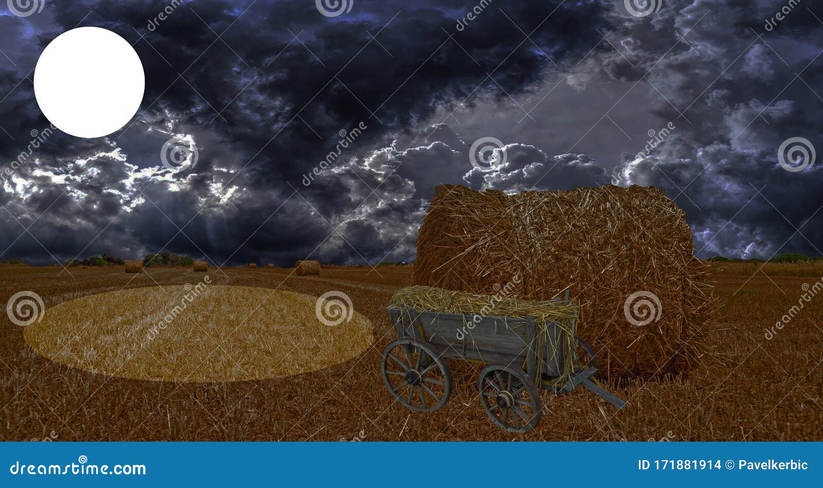 Straw Bale in the Moon Shine. Digital Art Stock Photo - Image of clouds ...