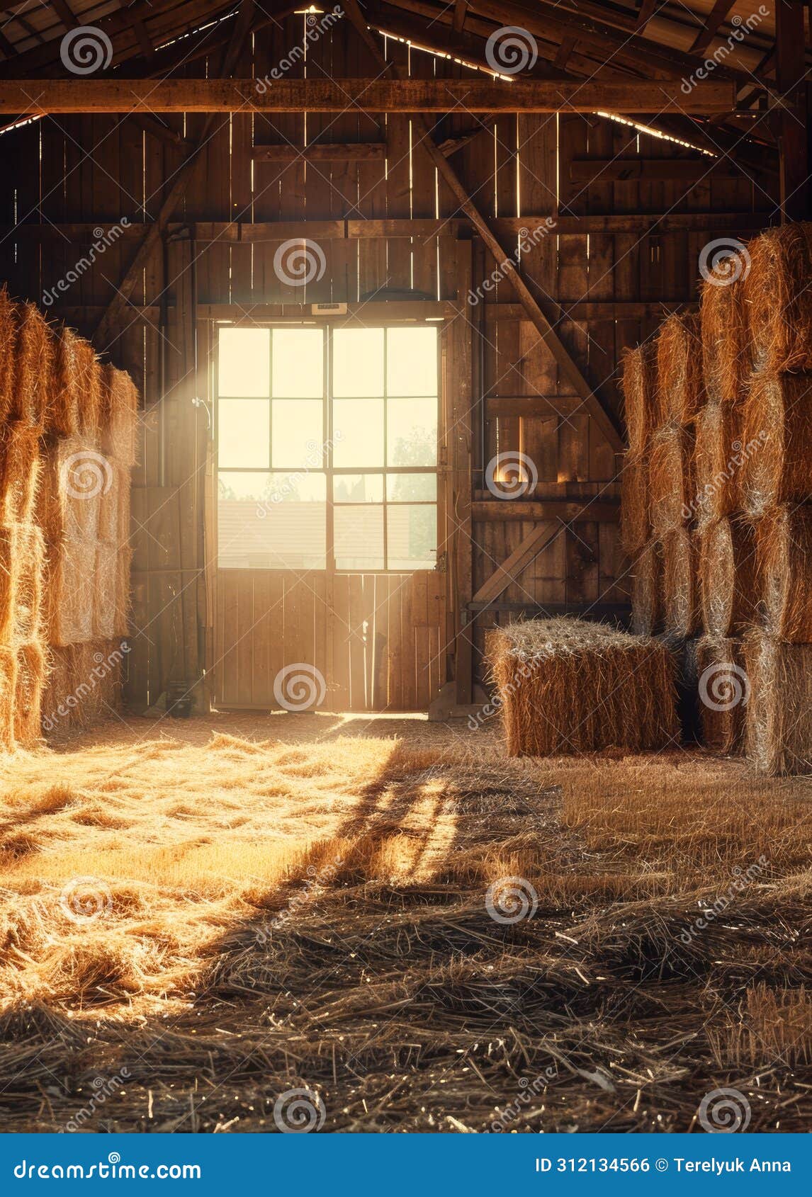 Straw Bales in Barn with Sunlight Shining through the Open Door Stock ...