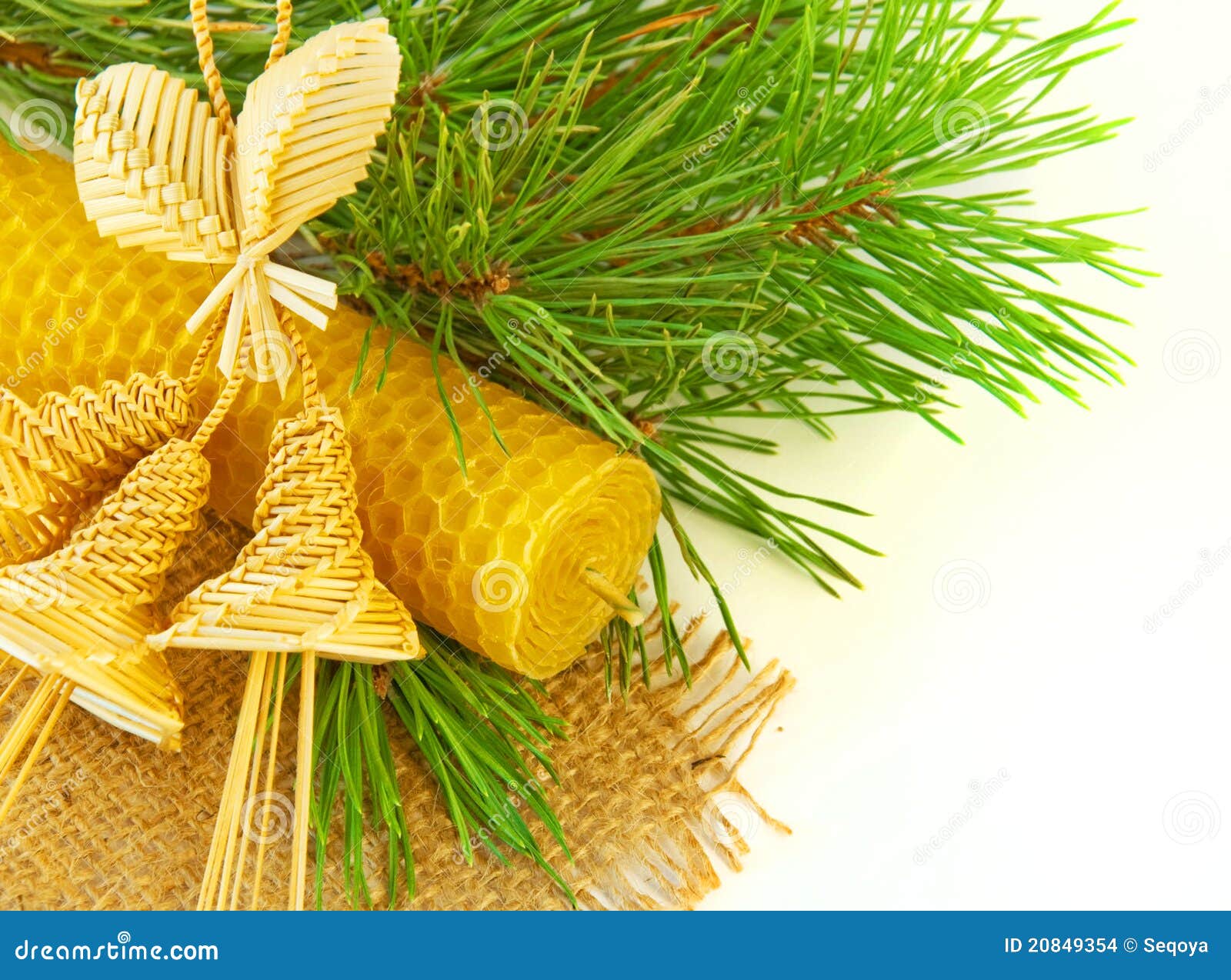 Straw Hand Bells, Candle and Fir-tree Branch Stock Photo - Image of ...