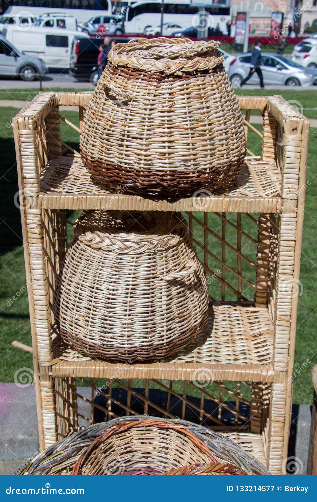 Straw Hand Made Baskets on Straw Shelf on Display Stock Image - Image ...