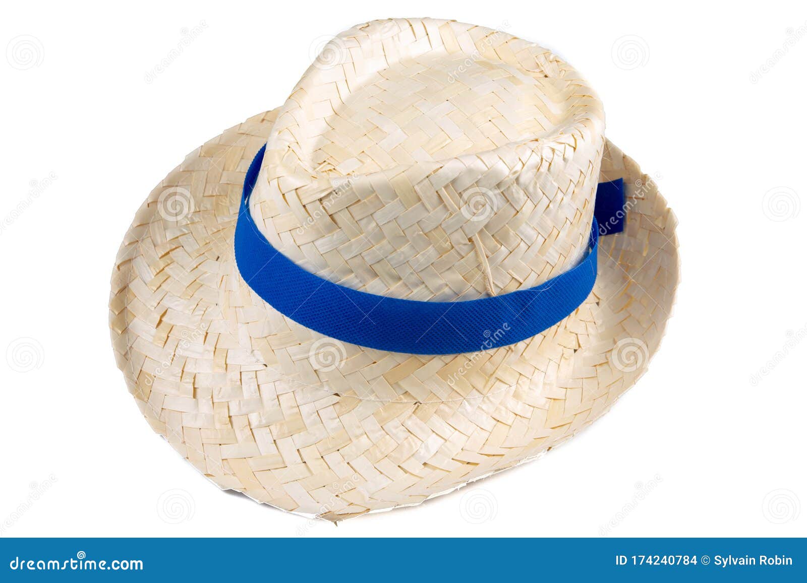 Straw Hat with a Blue Ribbon Isolated on White Background Stock Photo ...