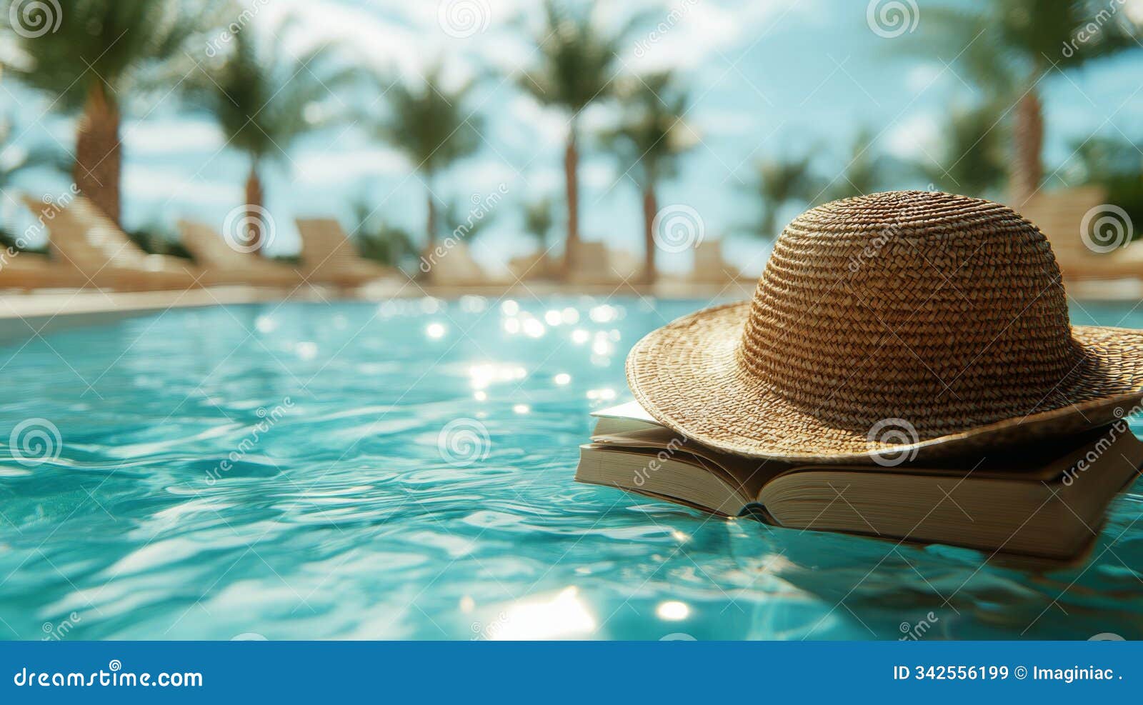 Straw Hat and Book Floating in a Swimming Pool Stock Illustration ...