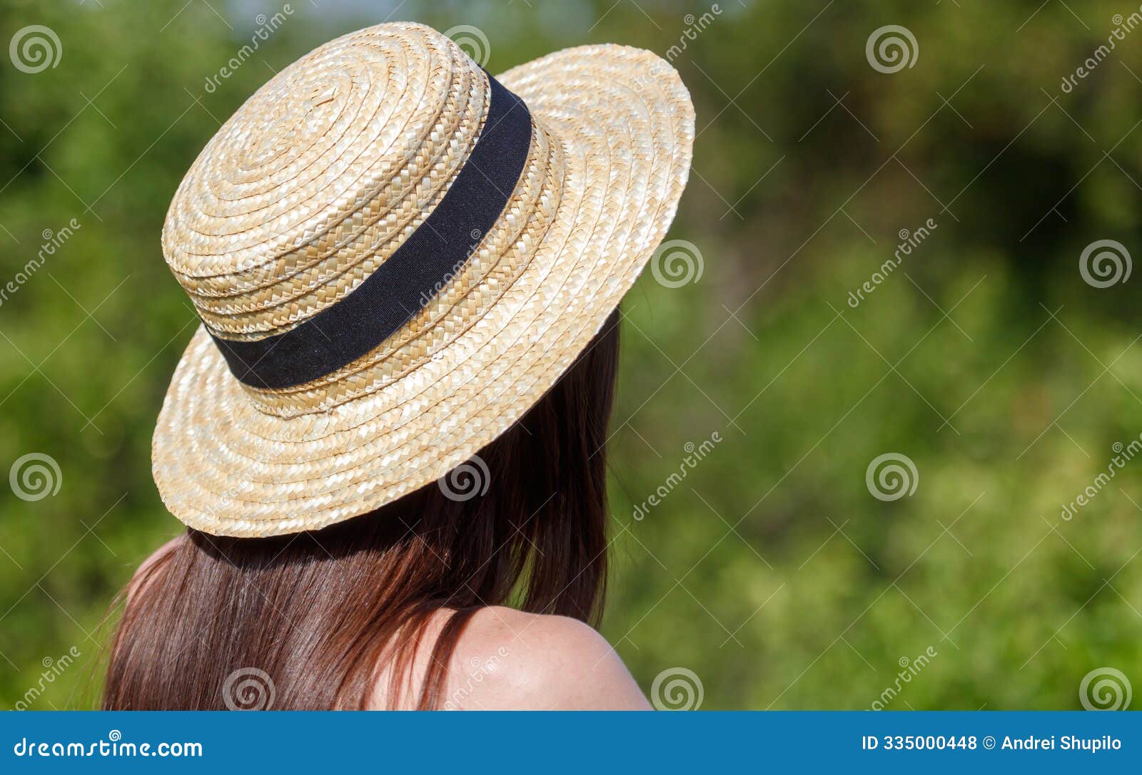 Straw Hat on a Girl& X27;s Head. Back View Stock Photo - Image of ...