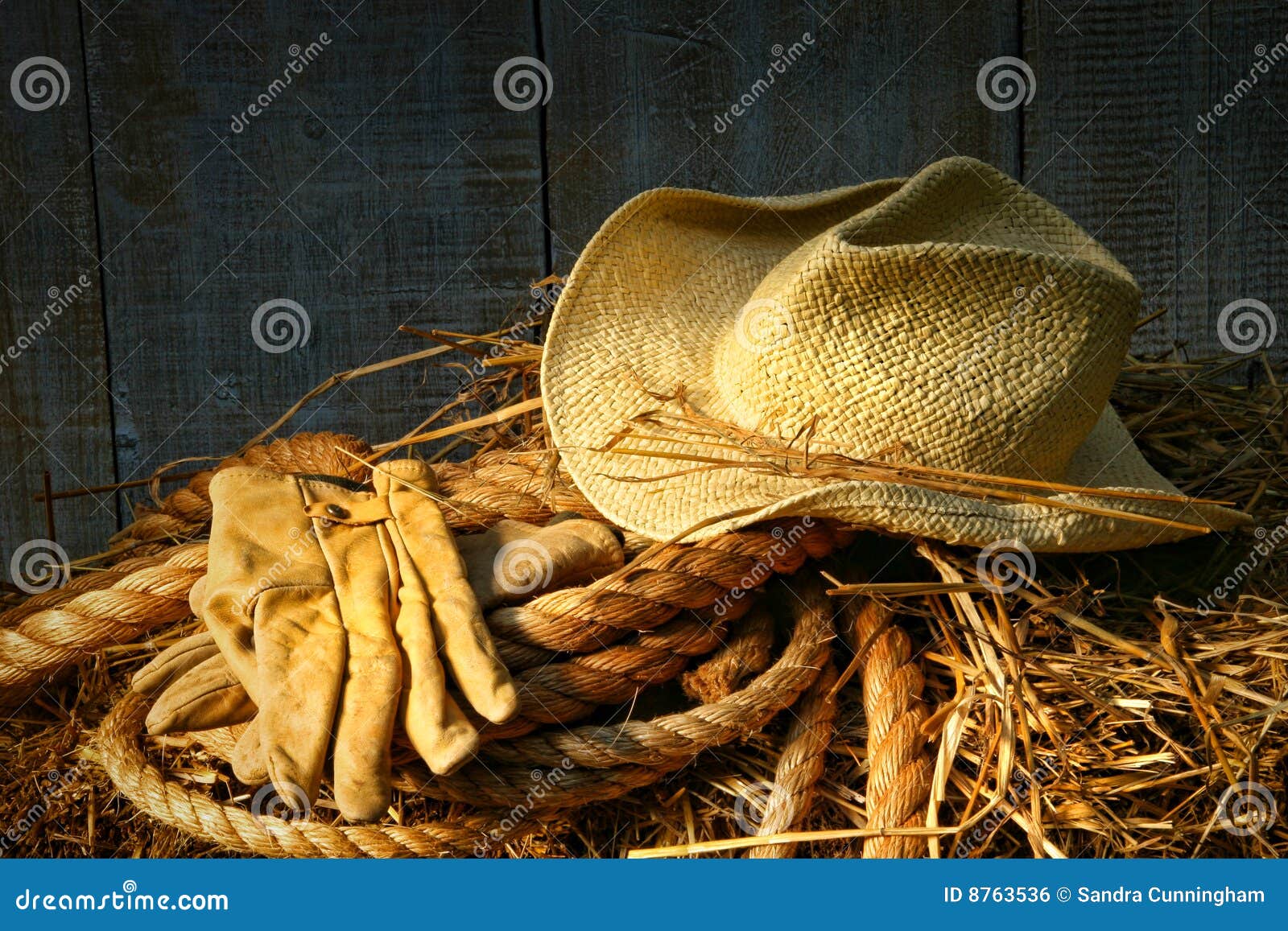Straw Hat with Gloves on a Bale of Hay Stock Photo - Image of ranch ...