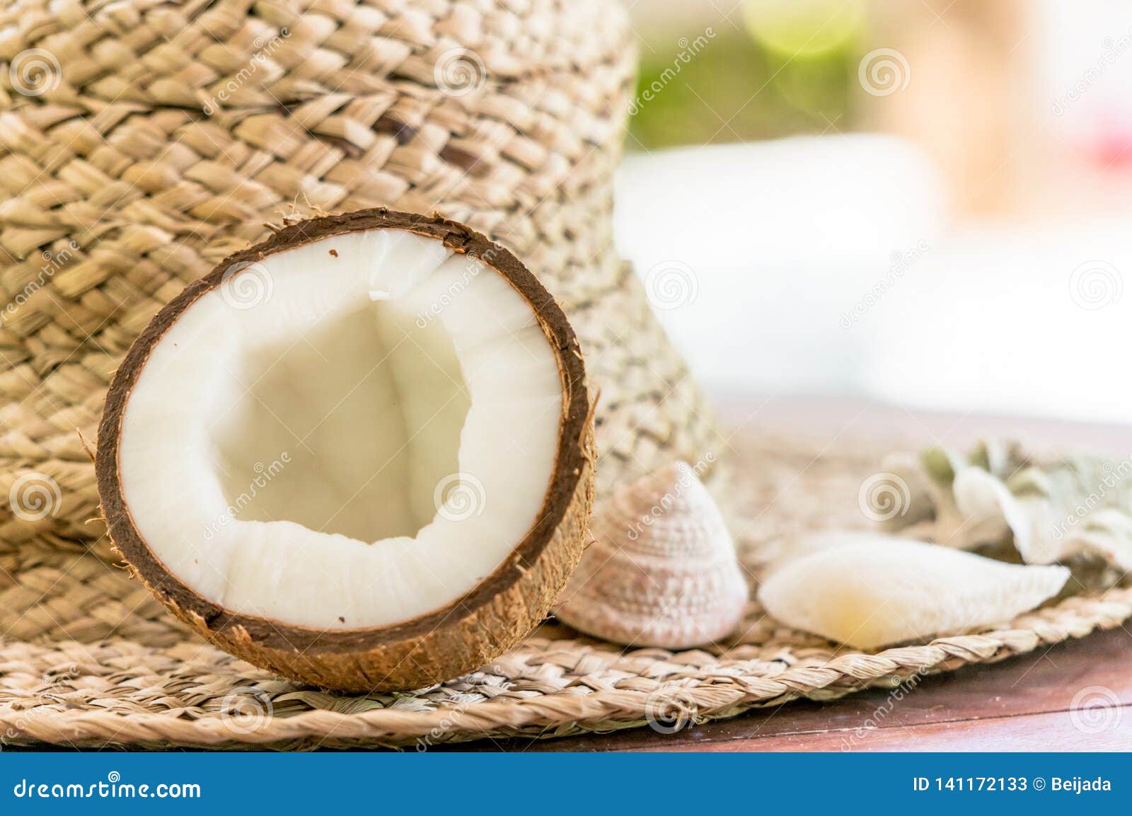 Straw Hat, Half Coconut and Sea Shells. Stock Image - Image of straw ...