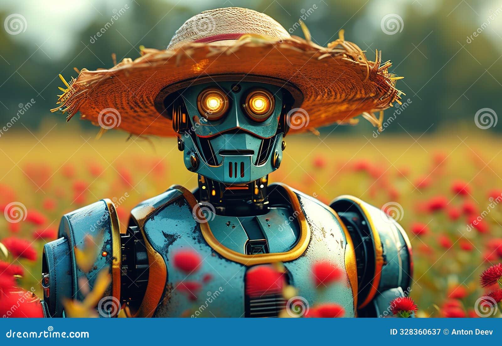 A Straw Hat Robot in a Rural Field Stock Image - Image of clouds ...