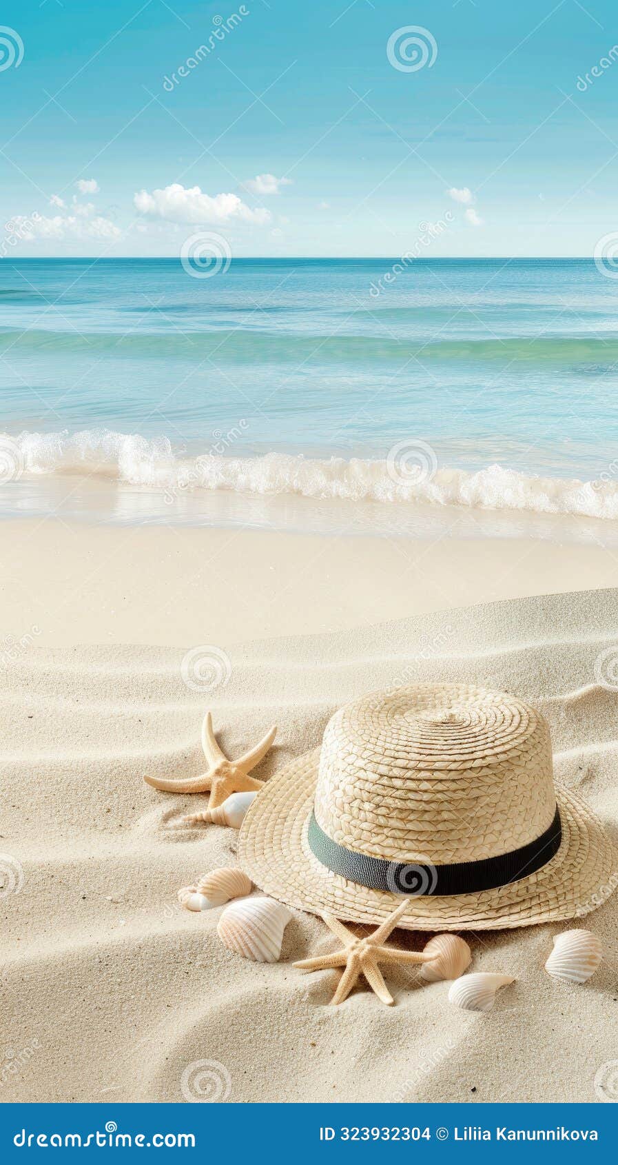 A Straw Hat and Seashells Lie on the Sandy Beach, with the Ocean Waves ...