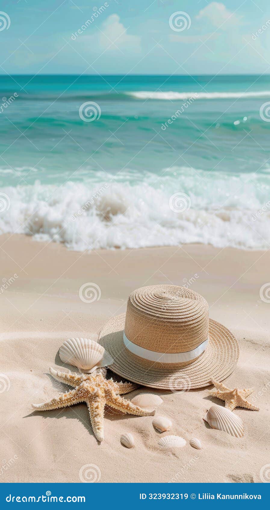 A Straw Hat and Seashells Lie on the Sandy Beach, with the Ocean Waves ...