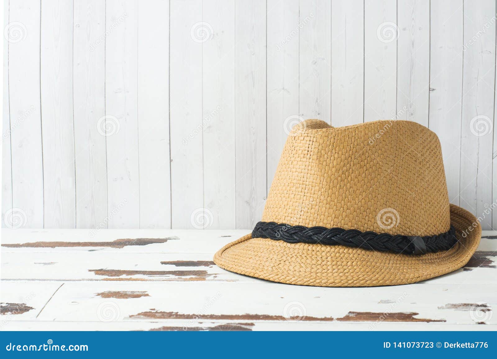 Straw Hat on White Boards with Copy Space Stock Image - Image of ...