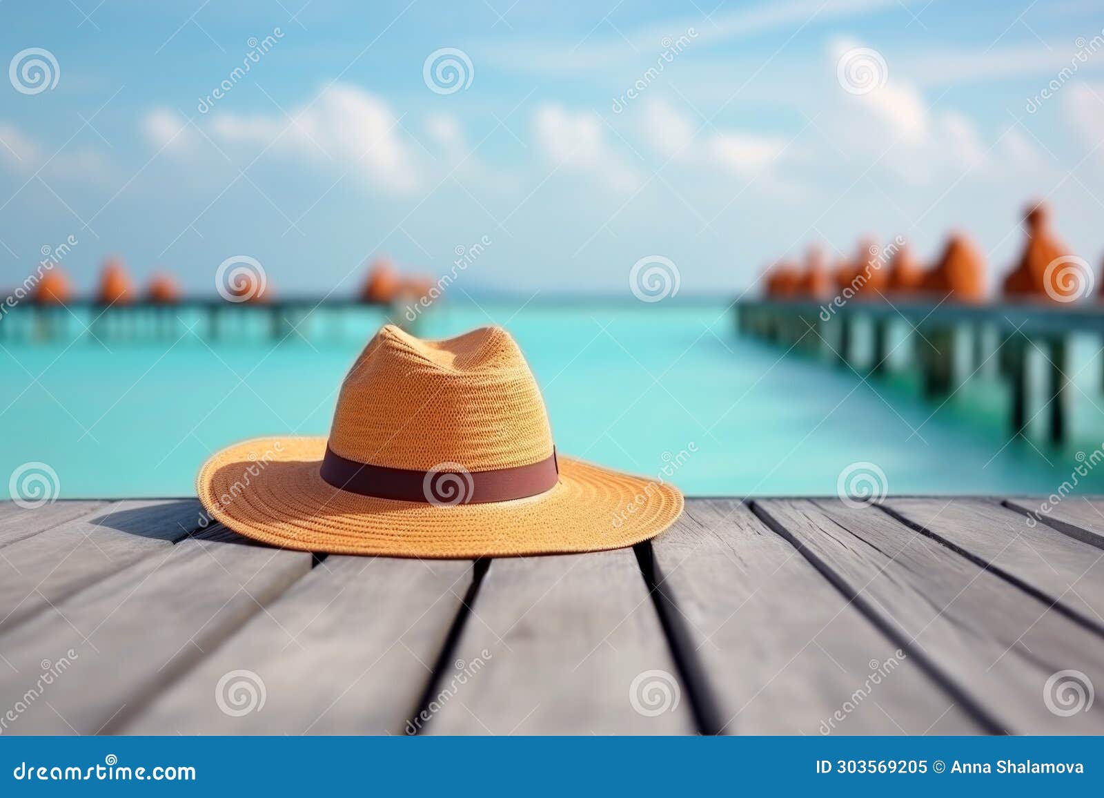 Straw Hat on Wooden Pier with Tropical Ocean Backdrop Stock ...