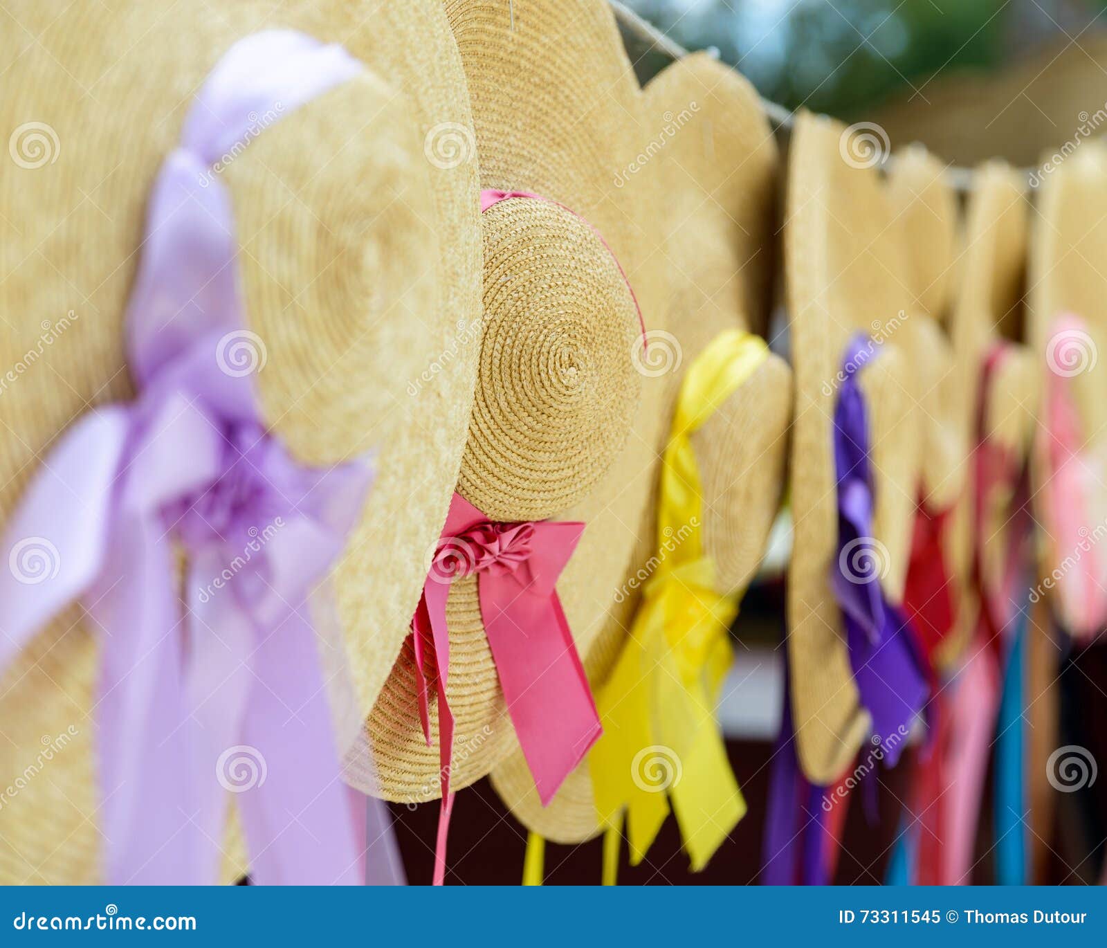 Straw hats with ribbons stock image. Image of fashion - 73311545