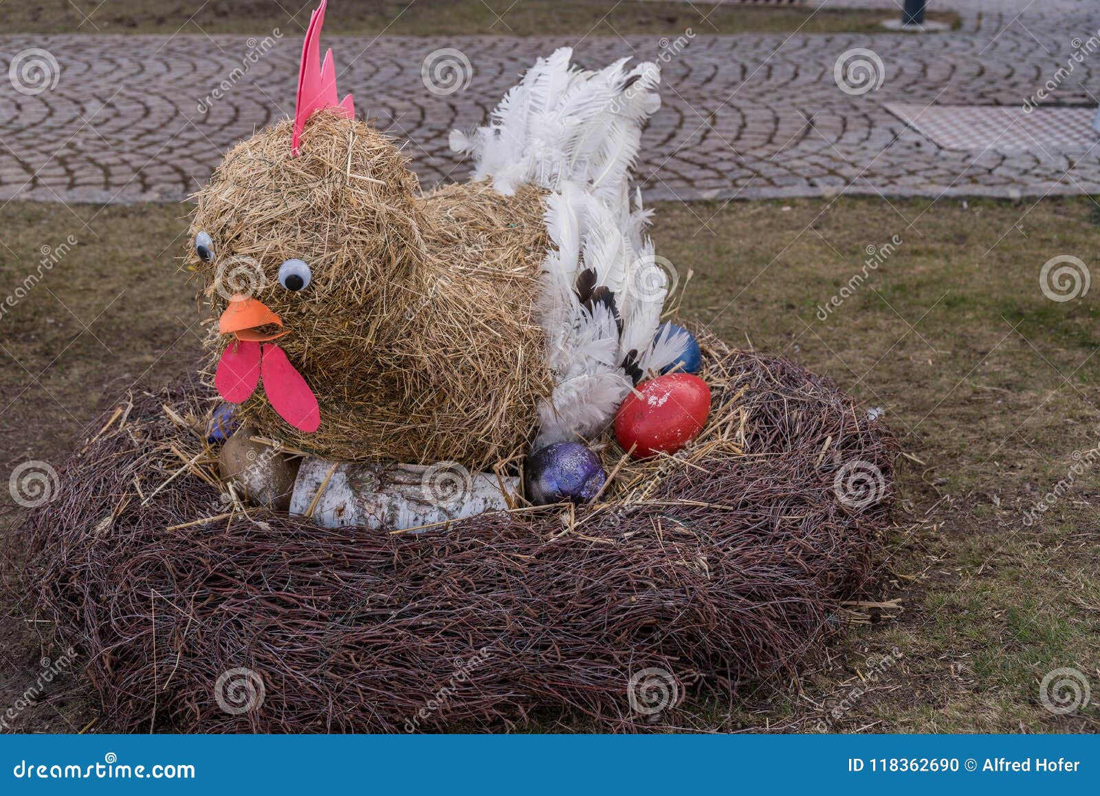 Straw Hen with Colorful Eggs Stock Photo - Image of colored, eggs ...
