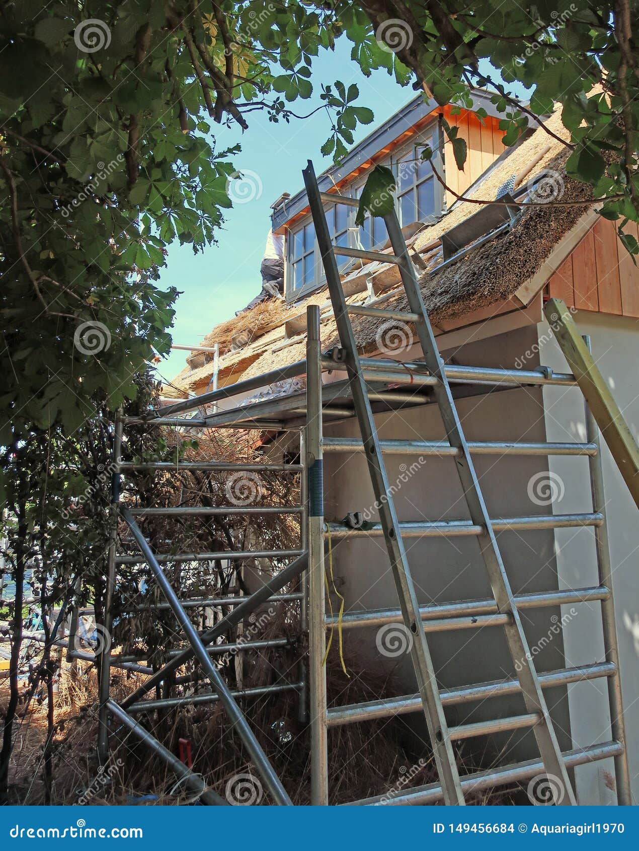 Straw roof work stock photo. Image of thatched, home - 149456684