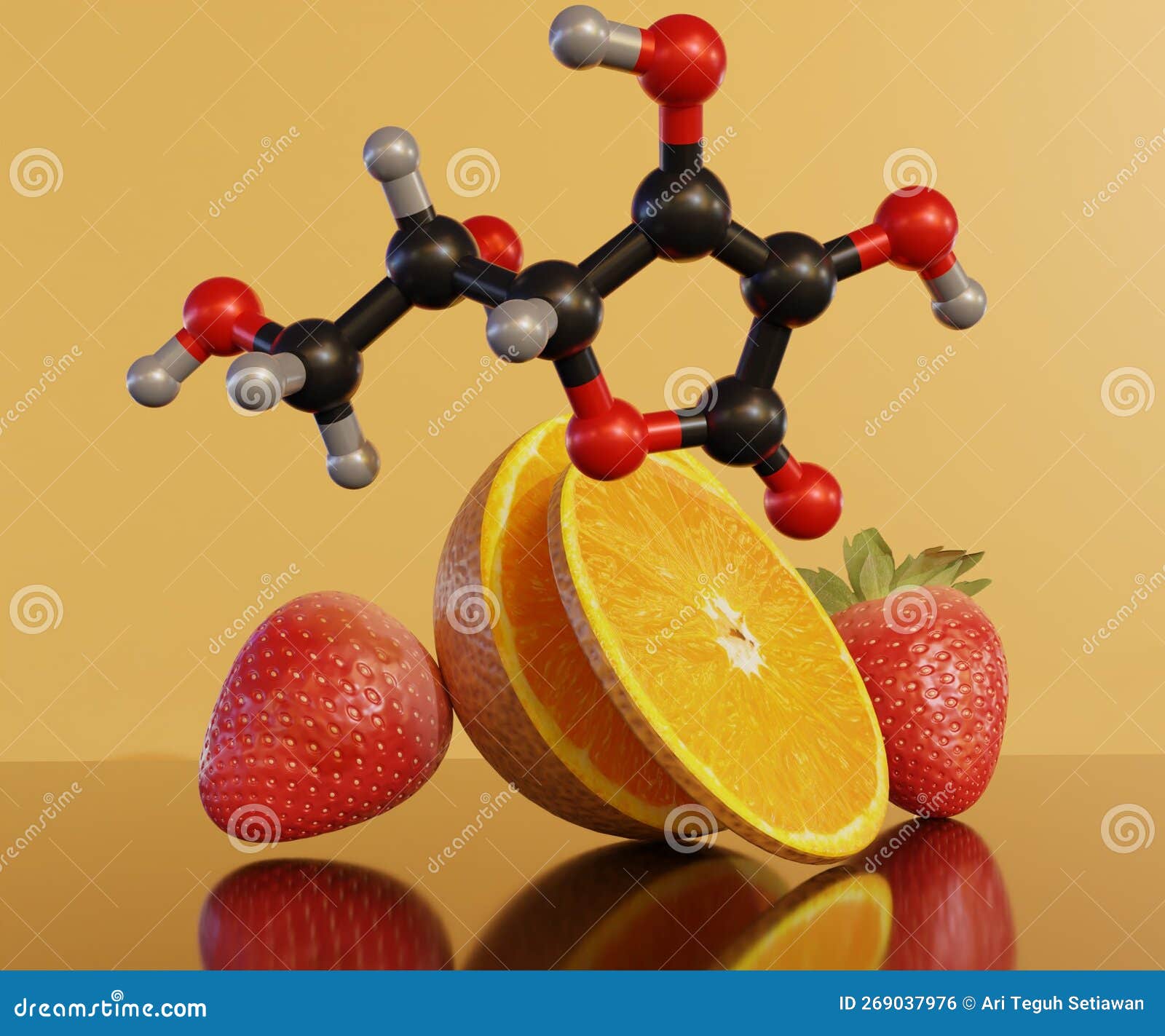 Strawberries And Cut In Half Orange Fruit With Ascorbic Acids Molecule ...
