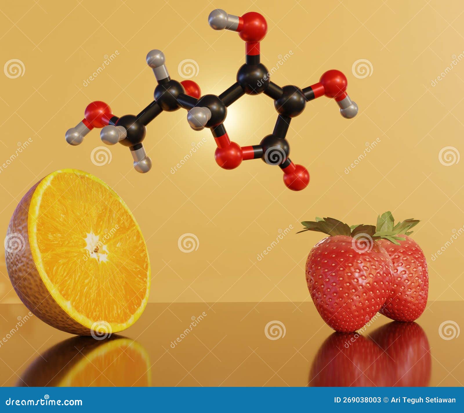 Strawberries And Cut In Half Orange Fruit With Ascorbic Acids Molecule ...